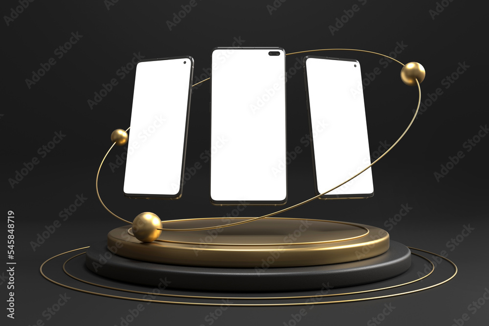 ภาพประกอบสต็อก Three mobile phones levitate on a cylindrical podium. A ...