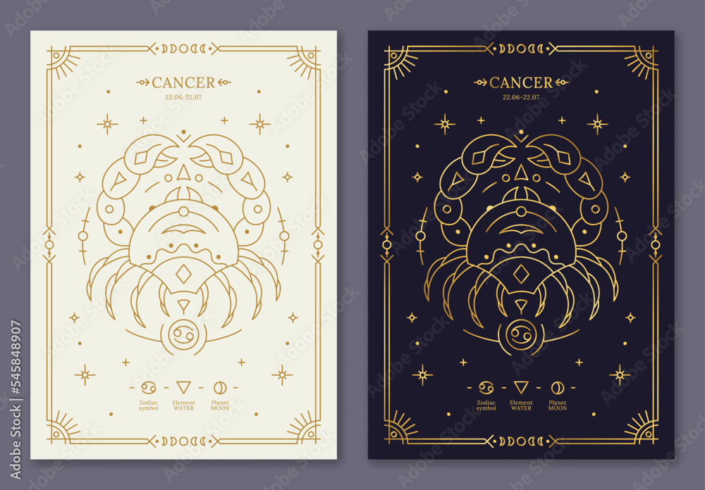 Cancer zodiac horoscope golden signs on dark navy and white cards set ...