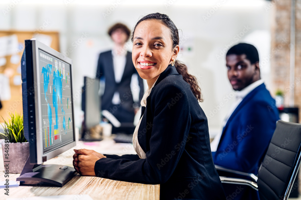 Young black african woman relaxing using computer working and startup ...