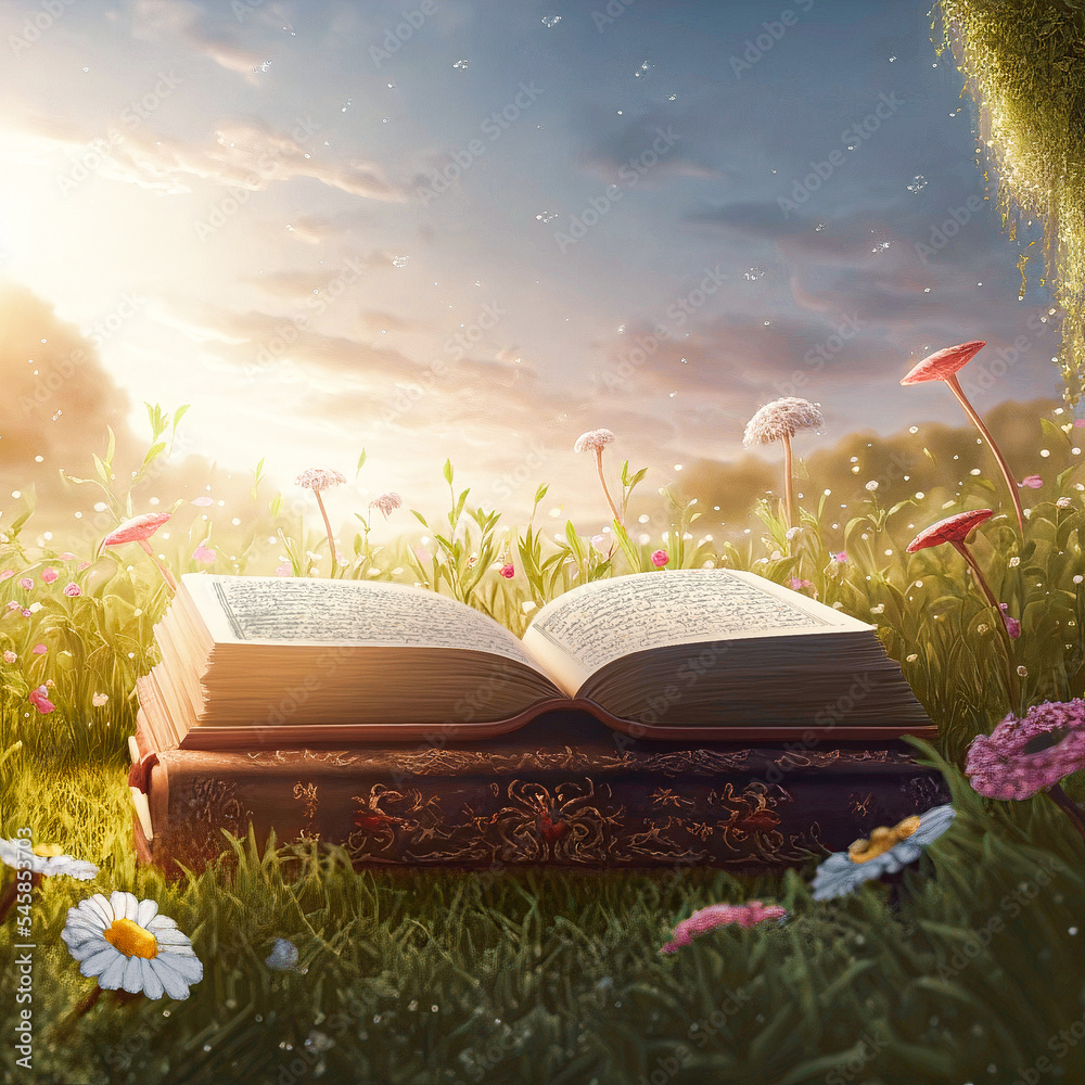 holy book in a fantasy landscape Stock Illustration | Adobe Stock