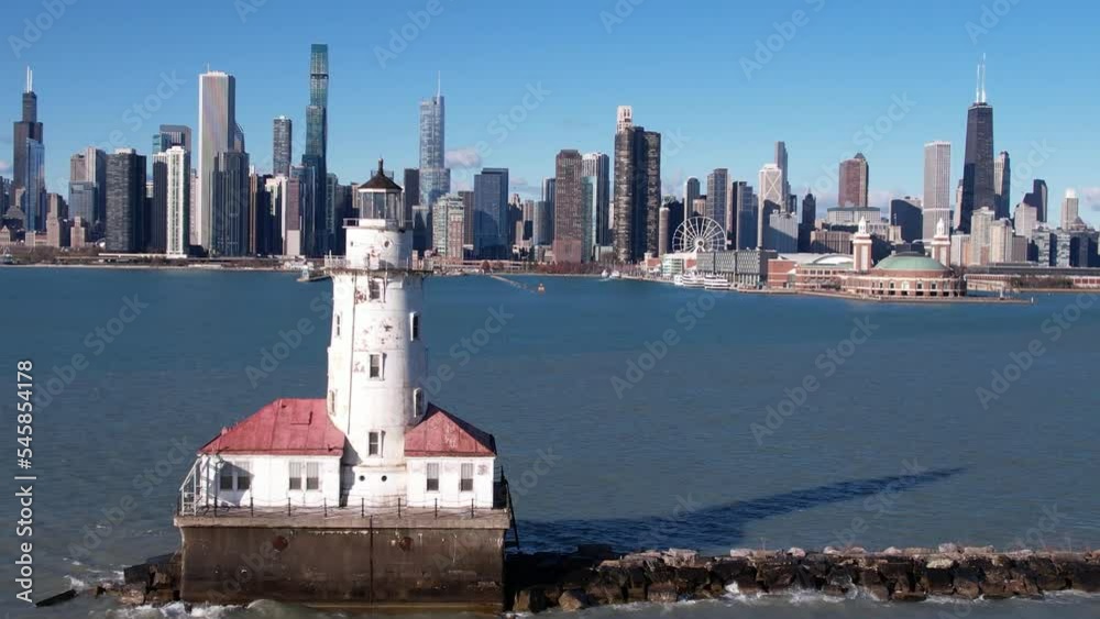 Chicago lighthouse in front of Chicago Stock Video | Adobe Stock