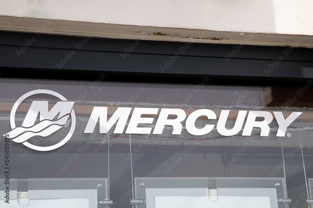 Mercury boat sign logo and brand text on building Marine sell boats and ...