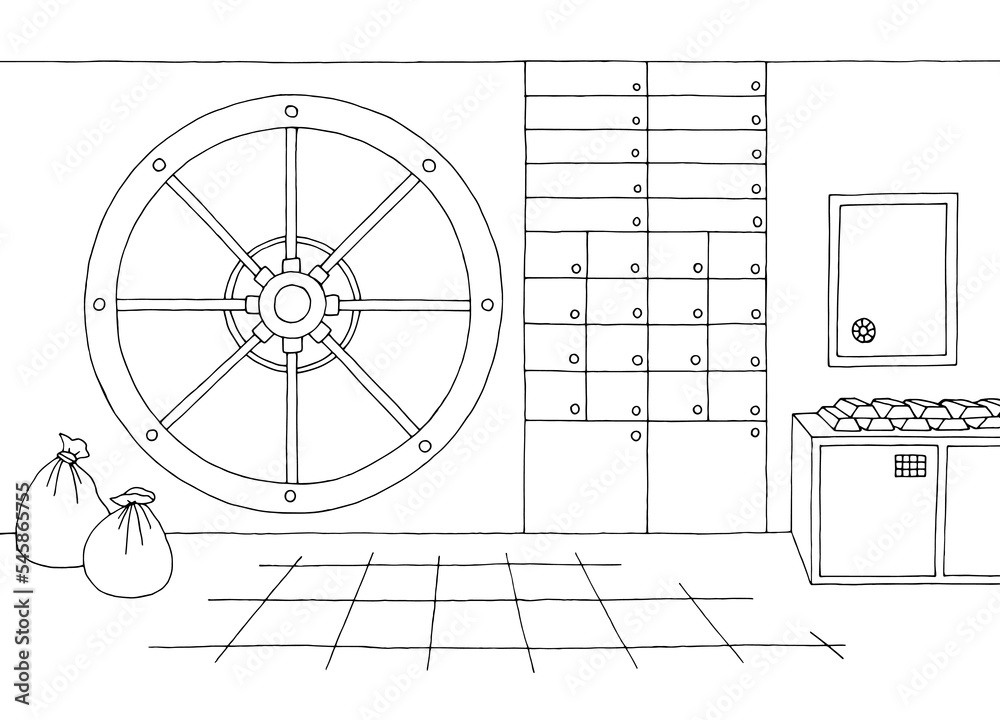 Bank vault safe storage interior graphic black white sketch ...