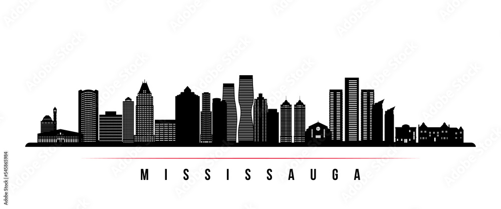 Mississauga skyline horizontal banner. Black and white silhouette of ...