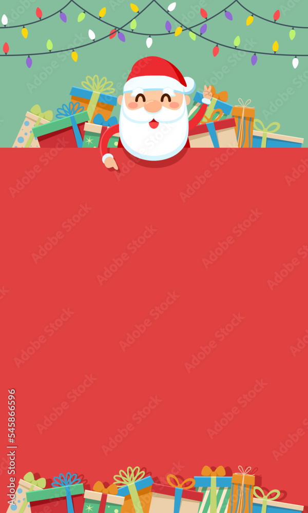 Christmas flat cartoon Santa Claus sneaked behind the red board with ...