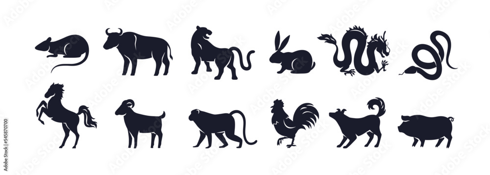 Animals silhouettes, Chinese Zodiac symbols. 12 signs for China New ...
