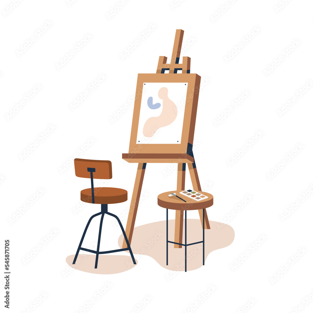 Easel and chair, artists workplace. Abstract painting on paper on wood ...