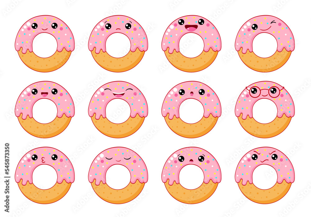 Set of Kawaii Donut Cartoon Character. Collection of cute donuts with ...