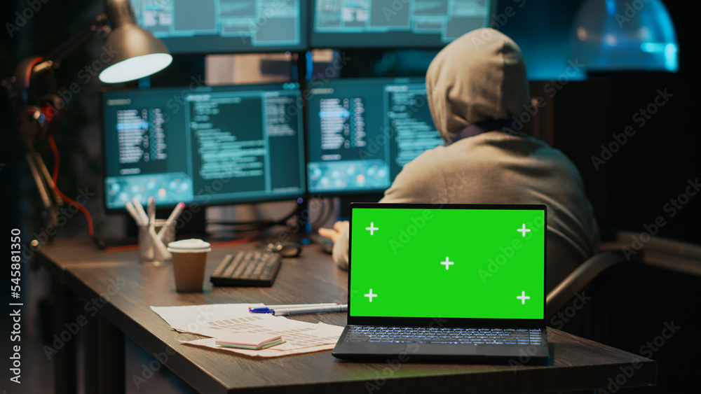 Young Data Thief Using Greenscreen To Break Into It Server Coding And Programming On Multiple