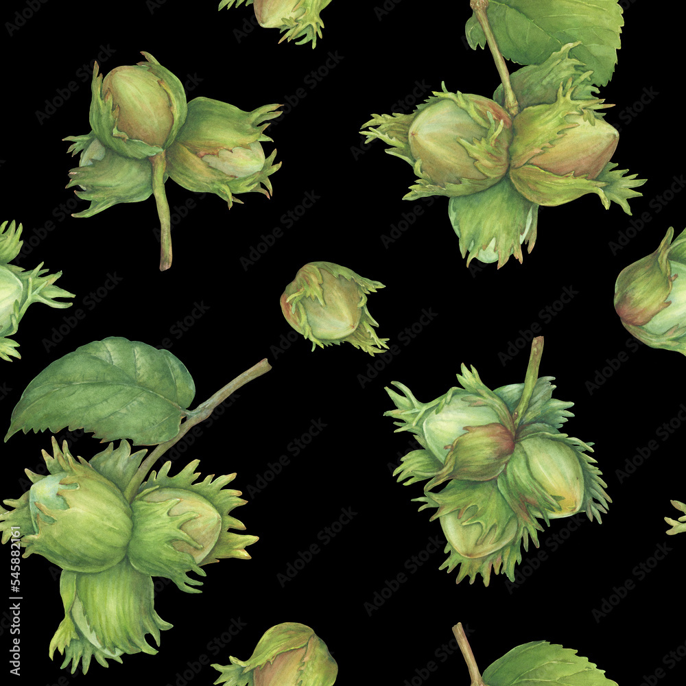 Seamless pattern with green hazelnut fruits with spiny husks and leaves ...