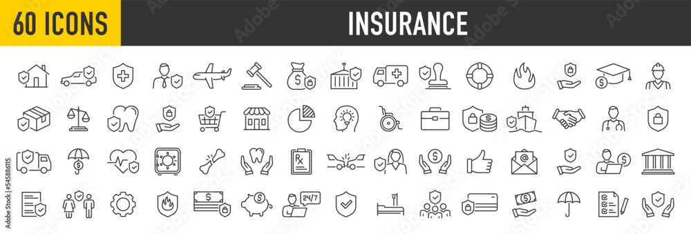 Set of 60 Insurance web icons in line style. Medical, Car, insurance ...
