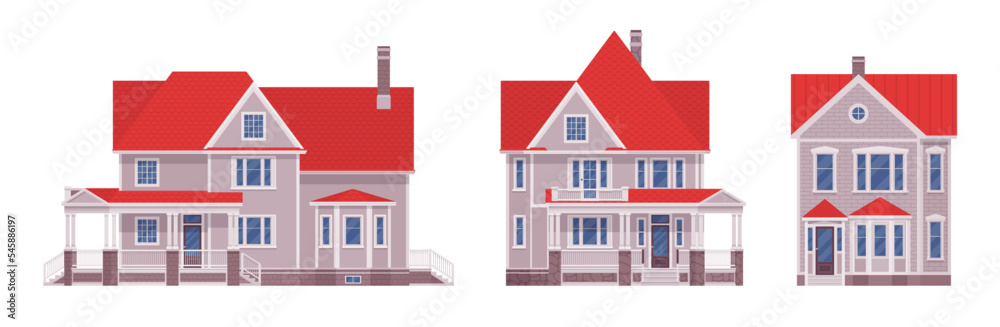 Beautiful red roof white home, house cartoon set. Mansion erker element ...
