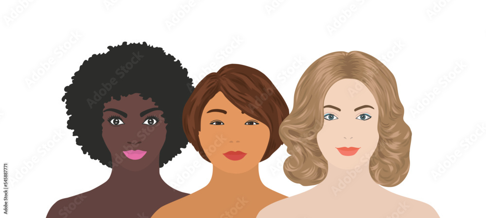 Vector illustration of girls with different skin color.Set of portraits ...