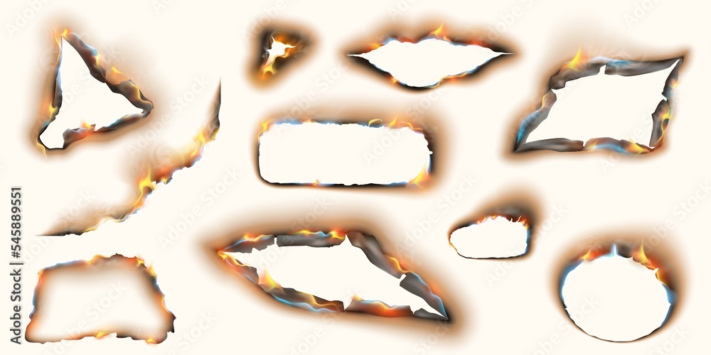 Burnt paper holes on transparent background with scorched and cracked ...