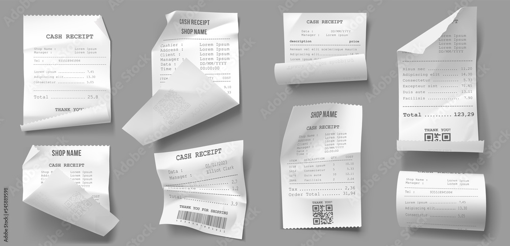 Realistic paper receipt, check and payment bill printed on rolled and ...