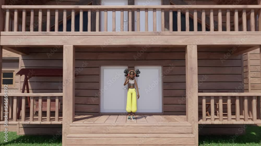3D animation of a virtual world with a young woman avatar waving in ...