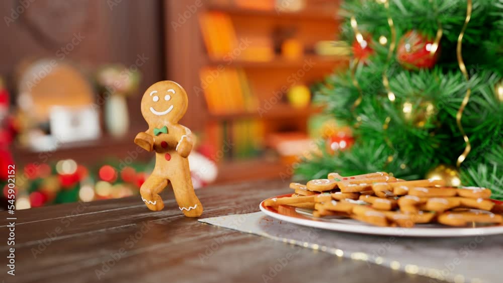 Gingerbread man Dancing in Christmas Cozy Interior on table. 3D ...