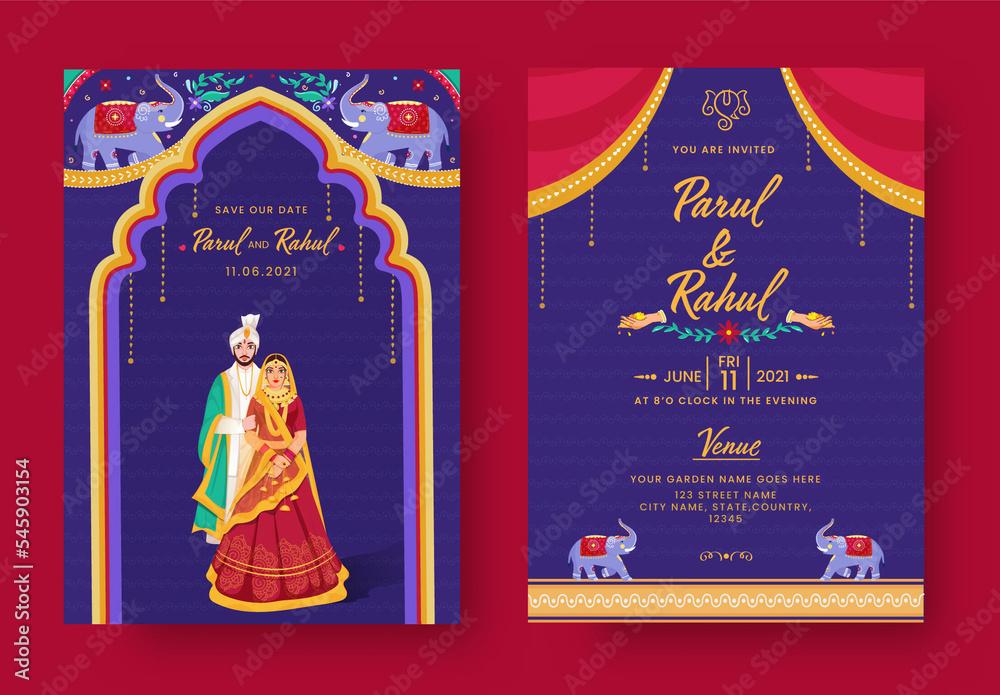 Hindu wedding invitation card template with traditional bride and groom ...