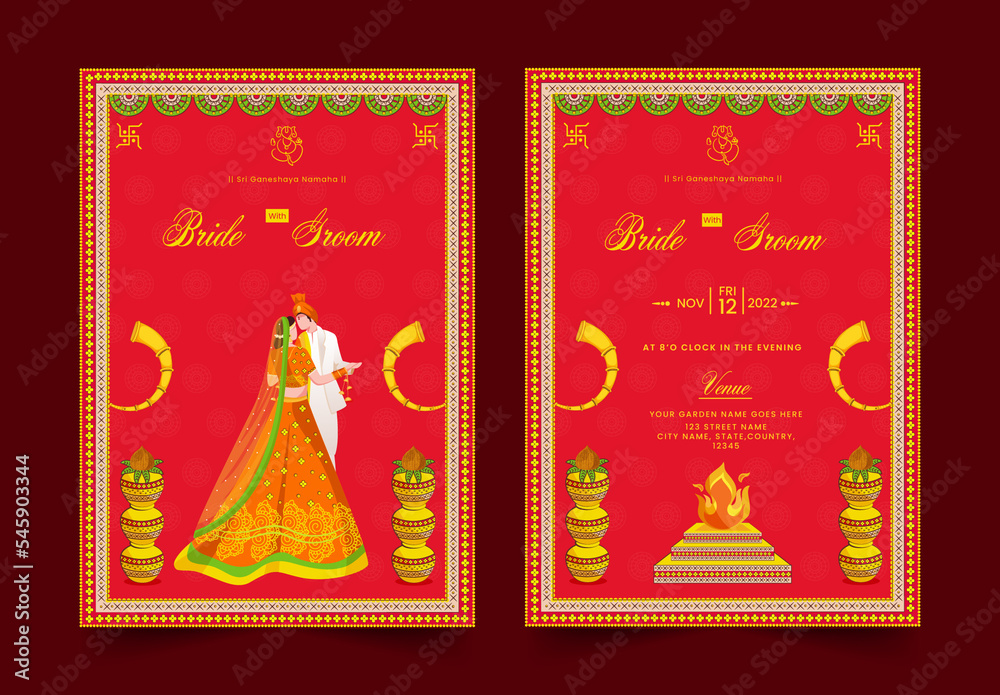 Traditional Indian wedding card or template with bride and groom and ...