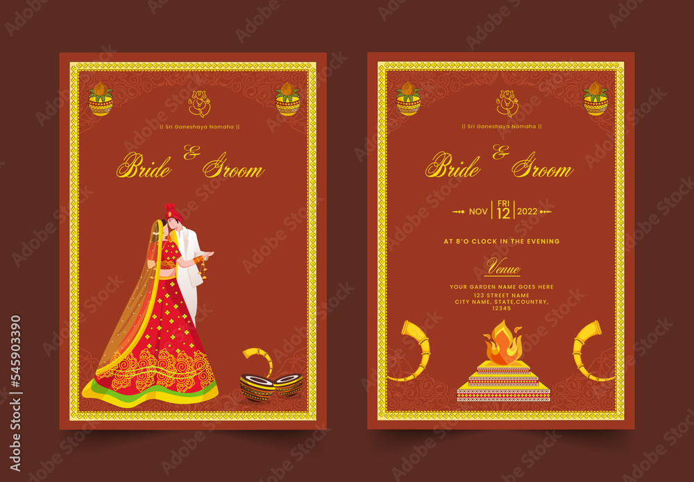 Traditional indian wedding invitation card or template with bride and ...