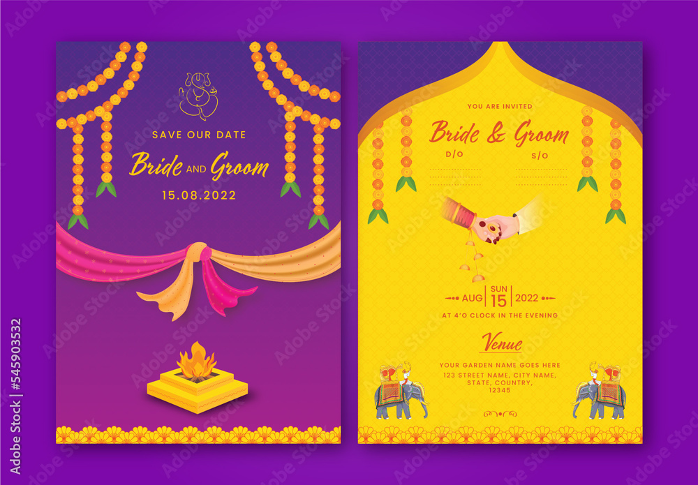 Indian wedding invitation template layout with fire pit on purple ...