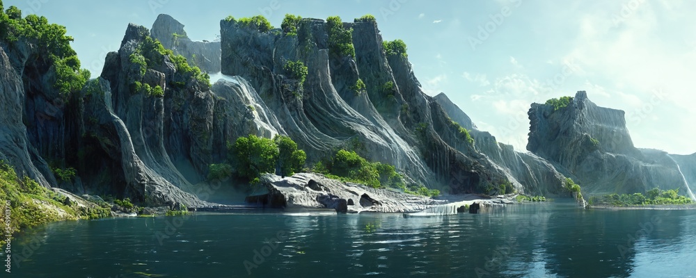 futuristic landscape with cliffs and water illustration art. Generative ...