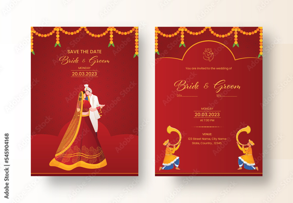 Hindu wedding invitation card template with bride and groom character ...