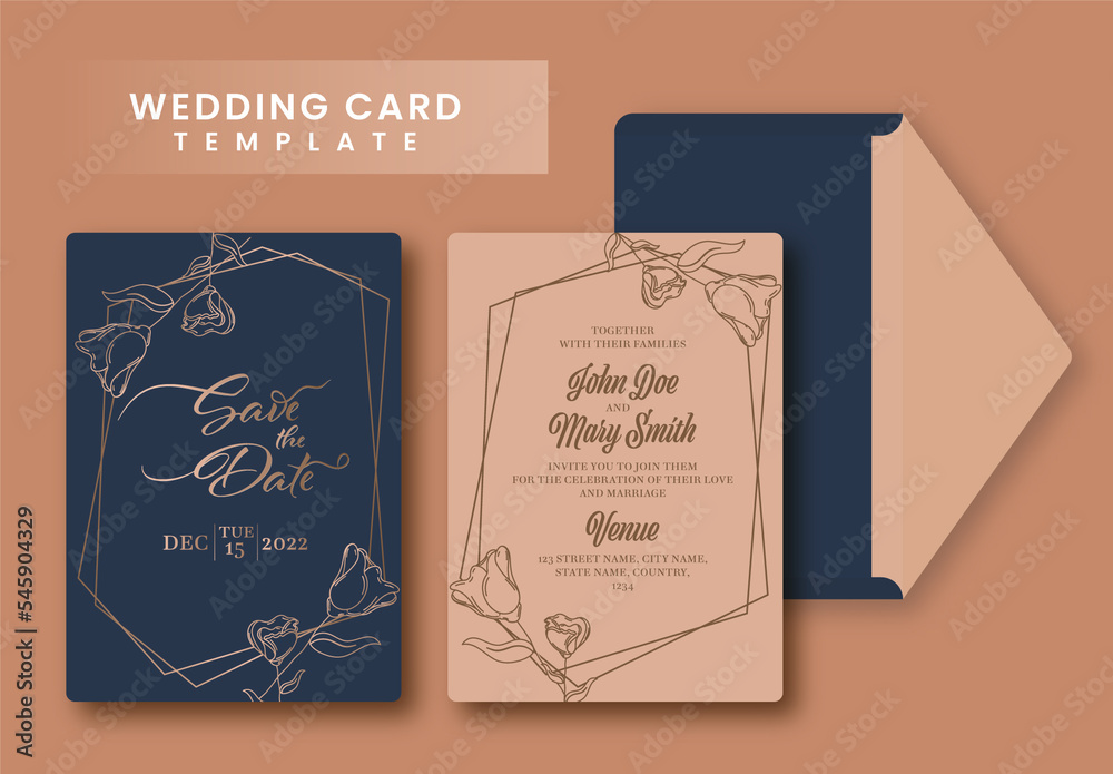 Blue and brown floral wedding invitation template or stationery set ...