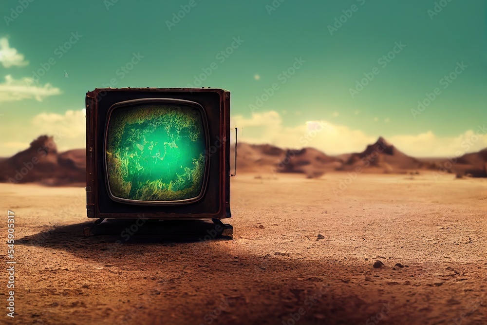 Vintage TV with green screen in the middle of the Apocalyptic desert ...