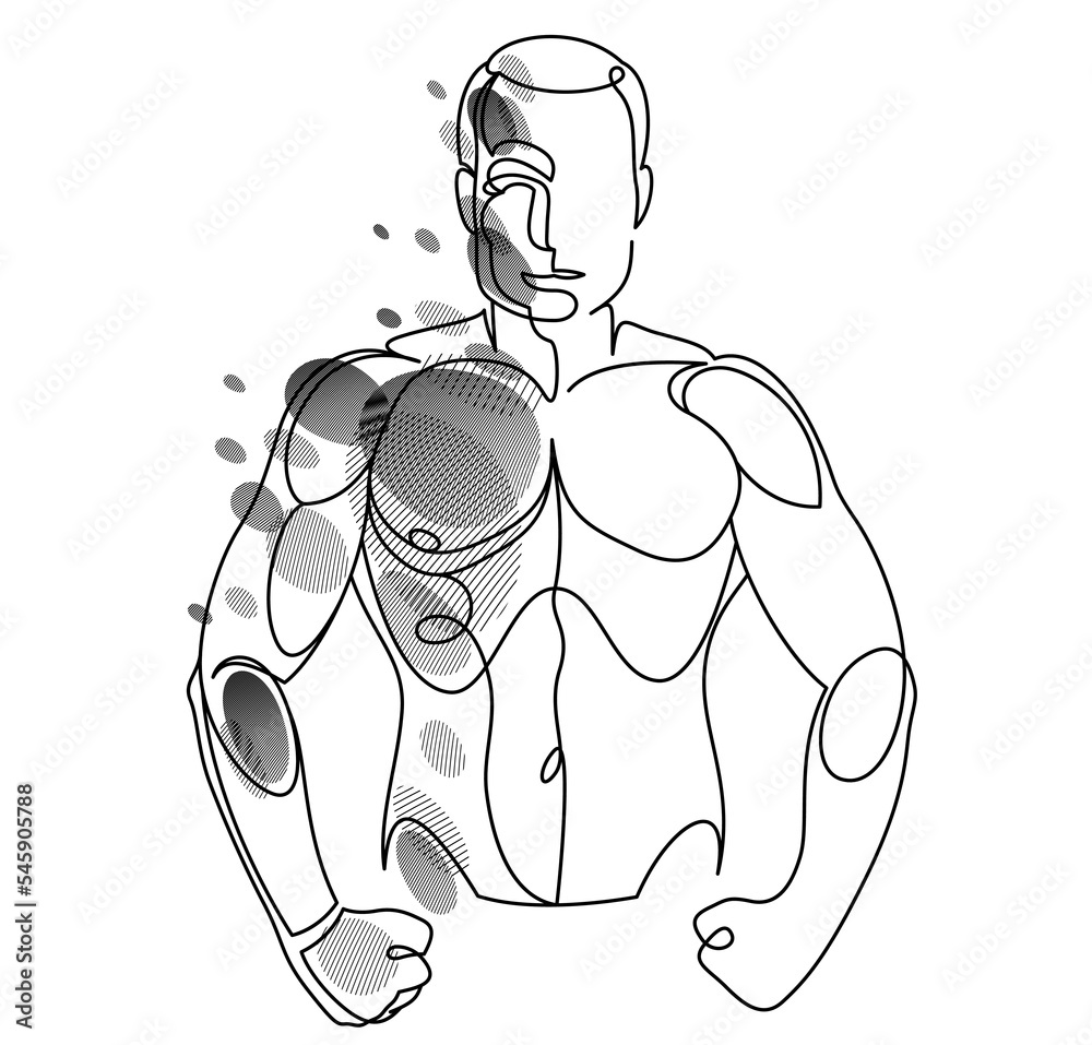 Linear drawing of a perfect body fit model man posing vector ...