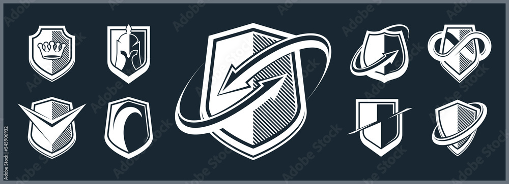 Classic shields shapes set with different additional elements vector ...
