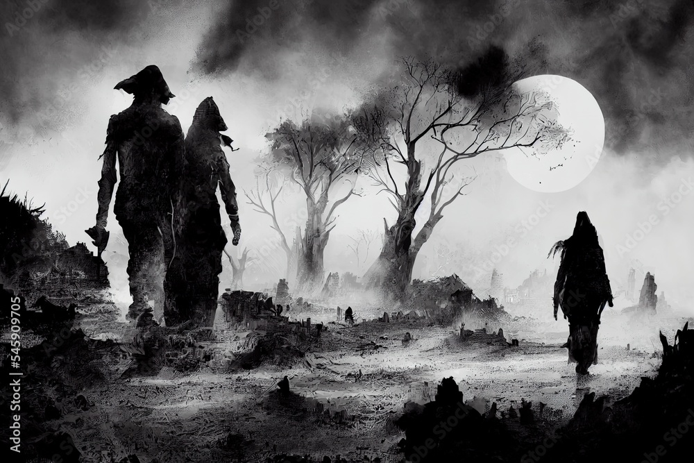 Two people walking on scorched earth. Dead lands with ruins. Spooky ...