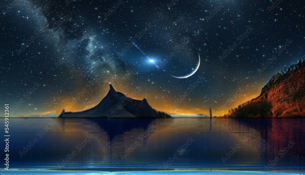 Starry night sky at sea , nebula star fall moon milky way reflection ...