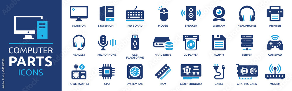 Computer parts icon set. Computer components icons containing monitor, server, cpu, hard drive ...