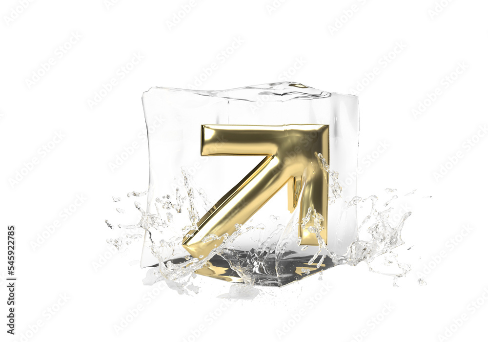 Gold arrow in cube of melting ice and drop water on isolated background ...