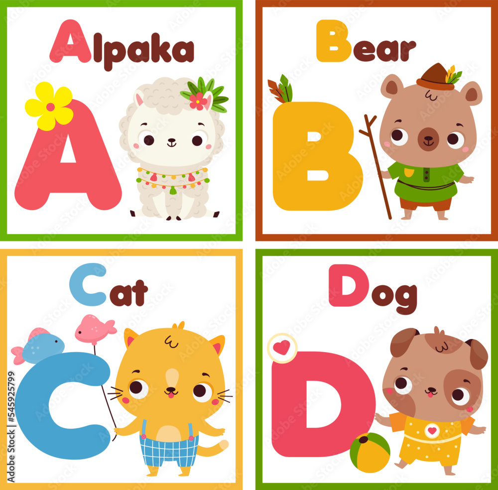 Kids Zoo english alphabet set. Children animals alphabet form letters A ...