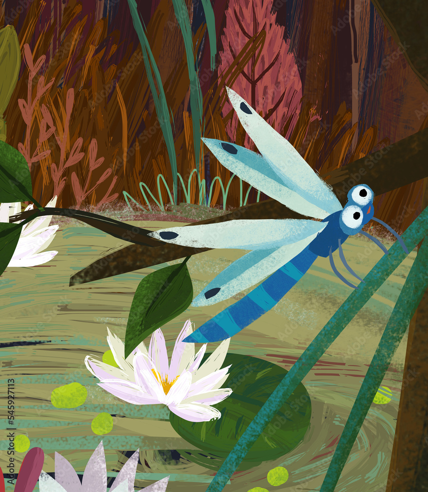 cartoon scene frog and funny bugs insects flying Stock Illustration ...