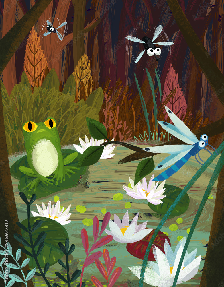 cartoon scene frog and funny bugs insects flying Stock Illustration ...