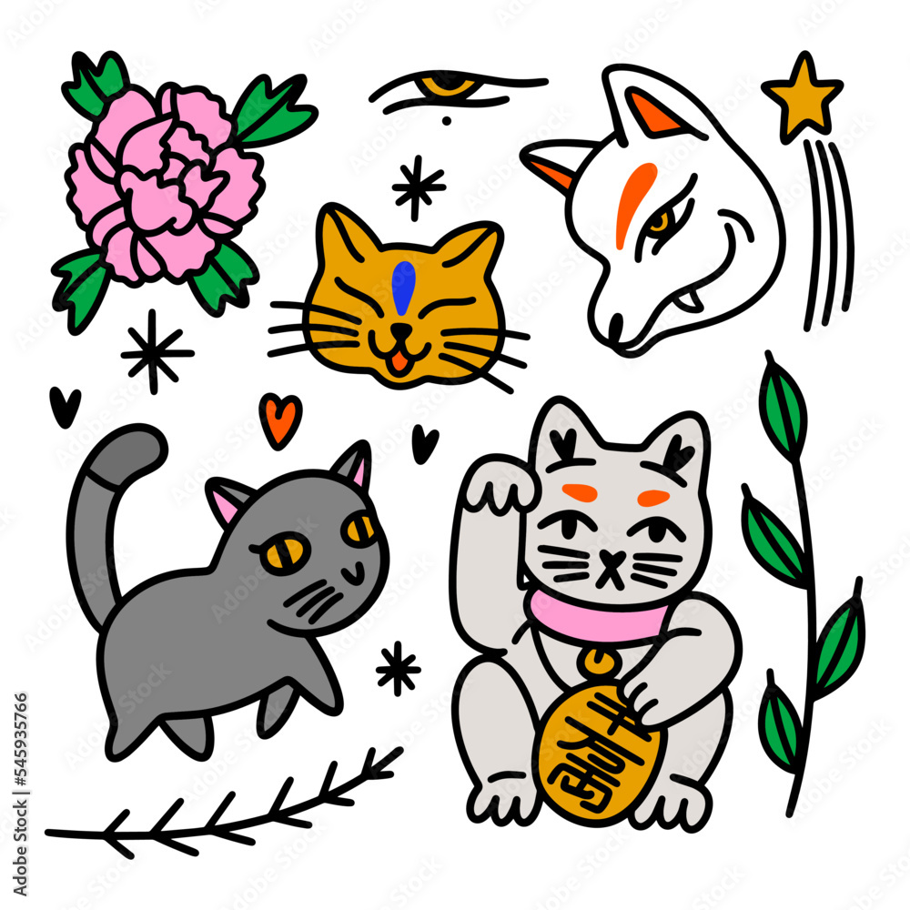 Set of kawaii Japanese cartoon stickers. Kitsune mask, maneki-neko ...