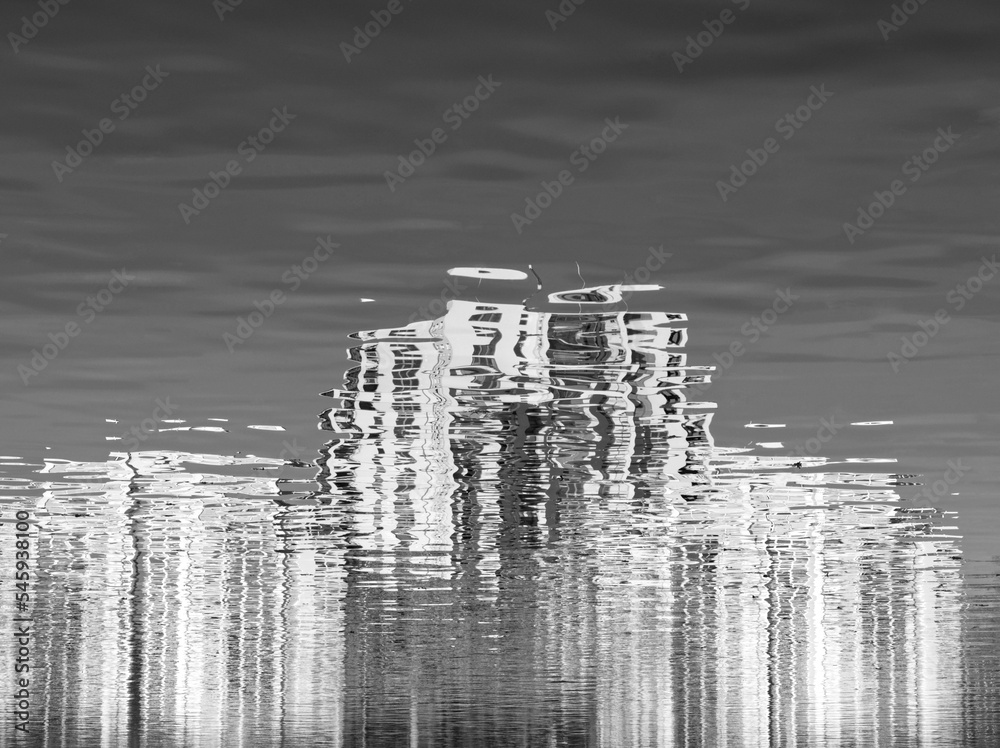Black and white water reflex background of town. Abstract reflection ...