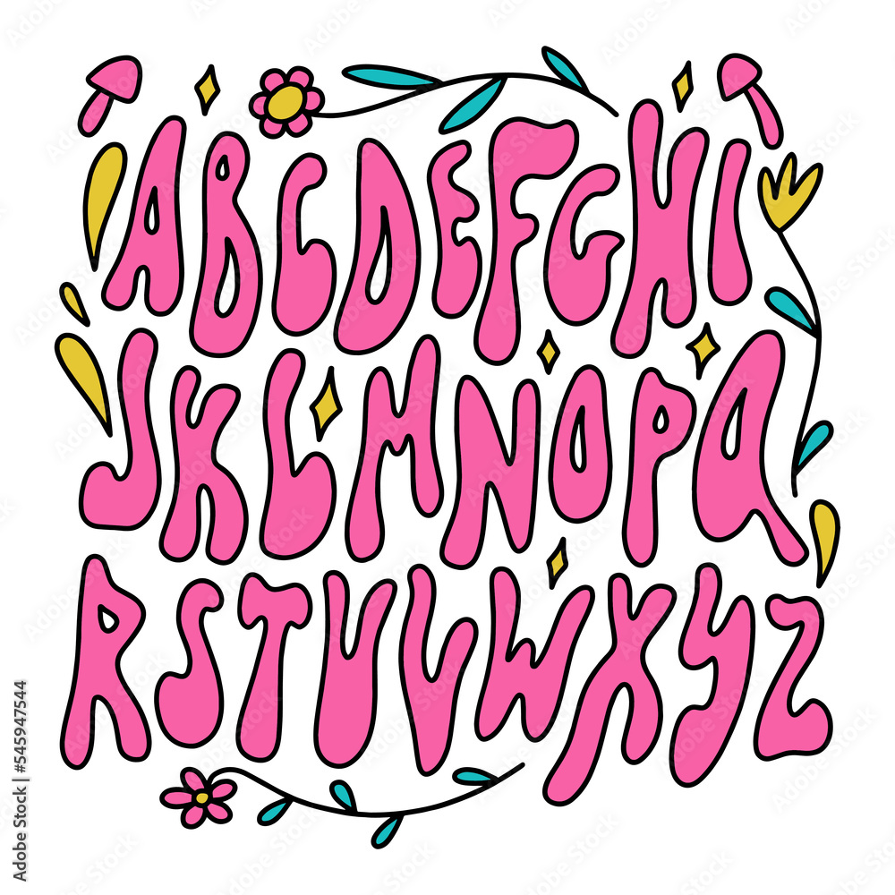 Hippie bohemian liquid groovy modern funky font alphabet 1960s with ...