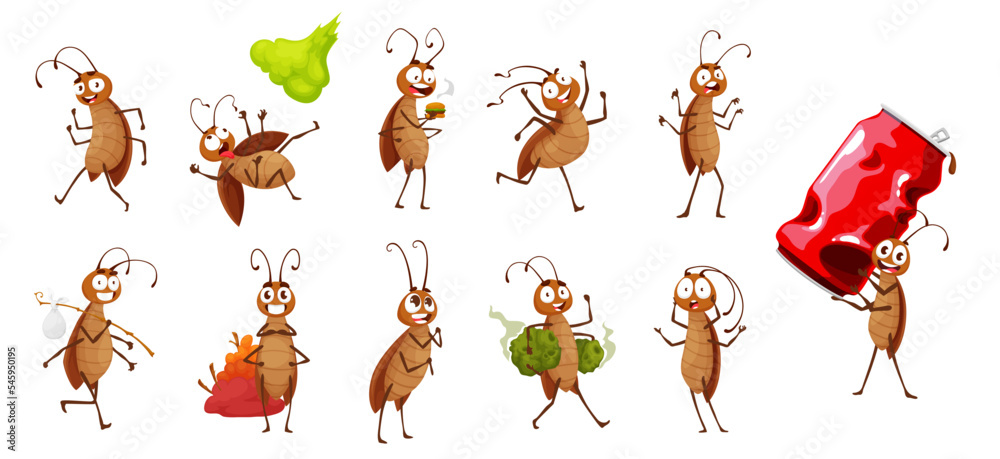 Cartoon cockroach characters. Funny pest bug, scared cockroach isolated ...