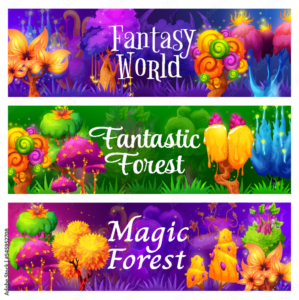 Fantastic and fairy magic trees and plants in fairytale forest. Cartoon ...