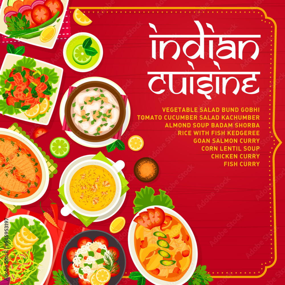 Indian cuisine menu cover page template. Rice Kedgeree, Goan salmon ...