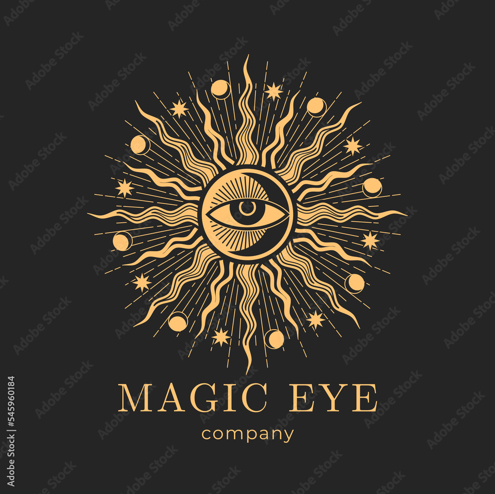 Occult, witchcraft and magic icon. All seeing eye and sun, moon and ...