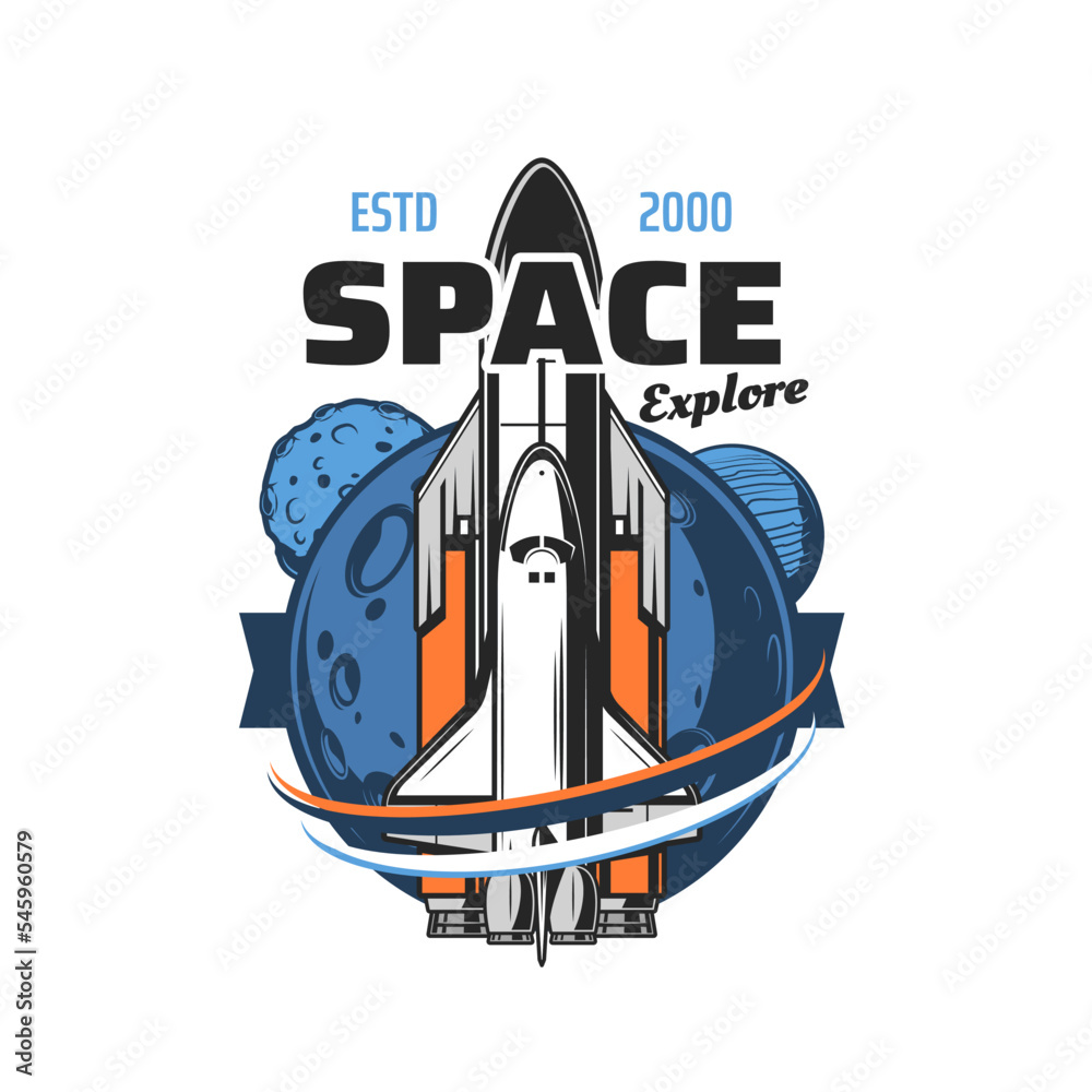 Space shuttle and planets icon. Space exploration program vintage icon ...