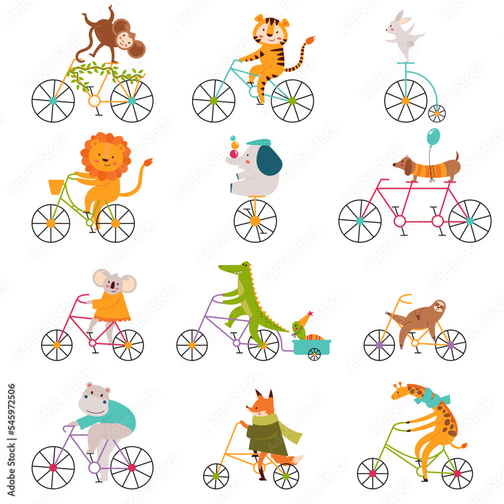 Animals on bike flat icons set. Different wild animals ride on bicycle ...