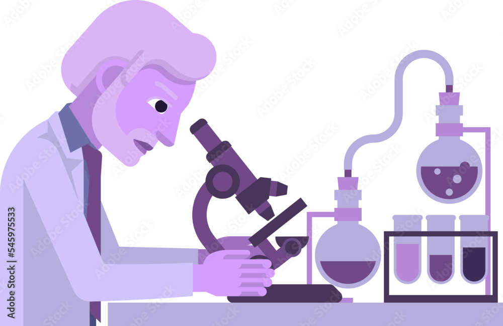 Scientist in lab coat at a work bench undertaking research using a ...