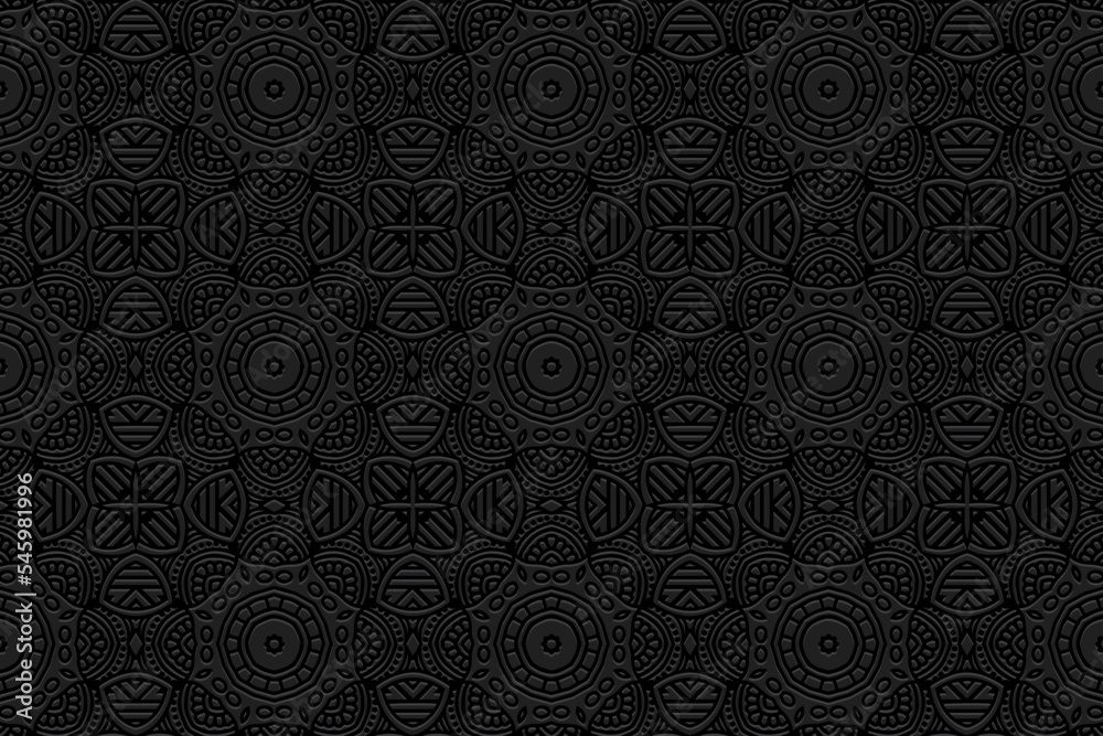 Embossed vintage black background, cover ethnic design. Press paper ...