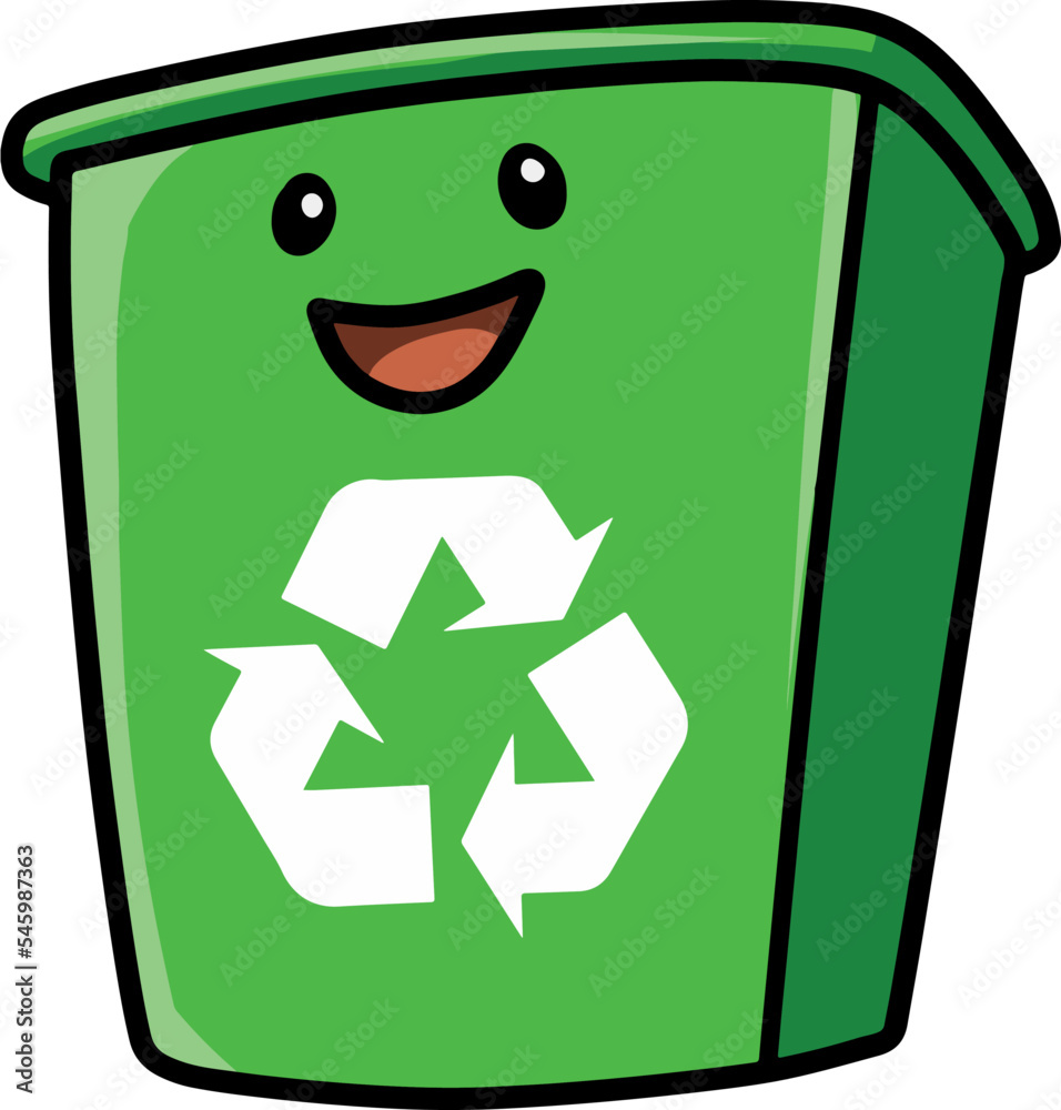 Design of a green recycle bin with cute face isolated on white ...